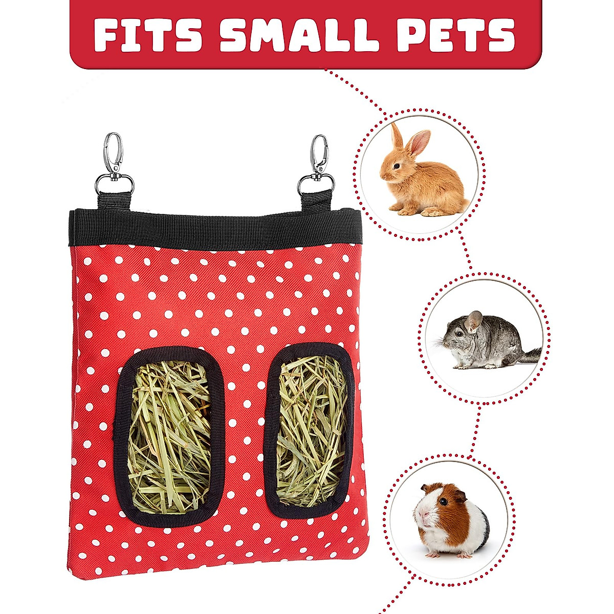 Petbank Rabbit Hay Feeder Guinea Pig Hay Feeder, Hanging Rabbit Hay Feeder Bag with 2 Holes for Chinchilla Hamsters Rabbit Guinea Pig Small Pets