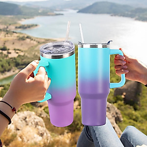 SYACOT 40 oz Tumbler with Handle and Straw Stainless Steel Insulated Tumbler Leak Proof Lid and Straw Lid Reusable Travel Mug Coffee Mug Cup Dishwasher Safe Keep Drinks Cold and Hot (Green Purple)