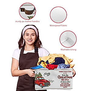 Christmas Cube Storage Organizer Bins with Handles,1PC 15x11x9.5 Inch Collapsible Canvas Cloth Fabric Storage Basket,Xmas Red Truck Winter Snowy Tree Poinsettia Flower Kids' Toys Bin Boxes for Shelves