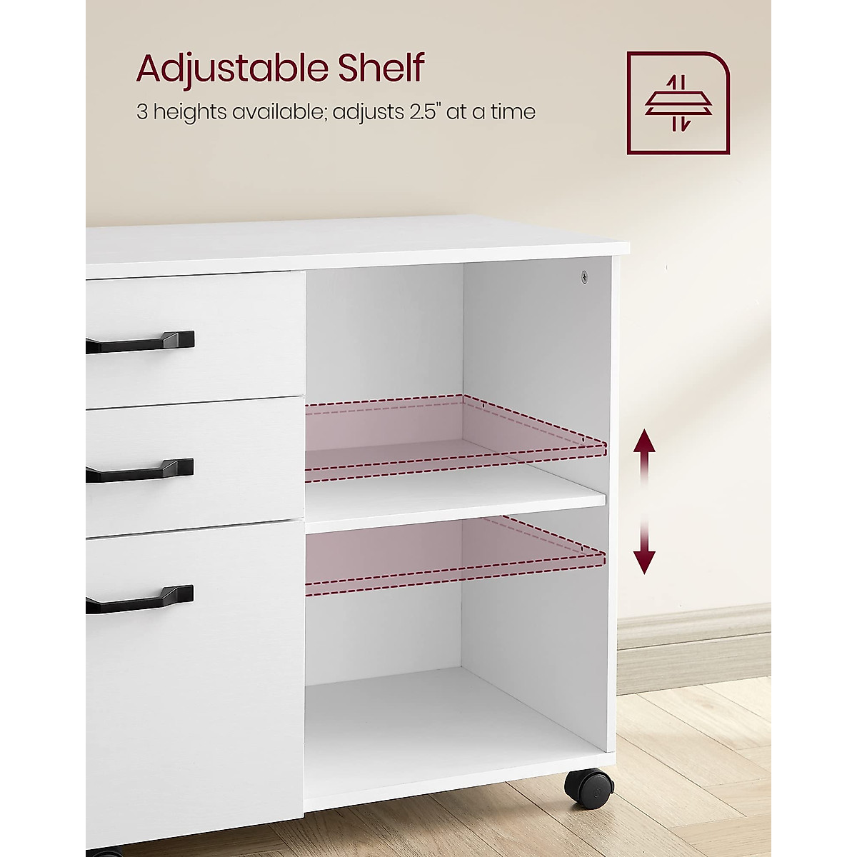 VASAGLE Lateral File Cabinet, Home Office Printer Stand, 3-Drawer Mobile Filing Cabinet with Open Storage Shelves, for A4, Letter-Size Files, White with Wood Grain UOFC041W46