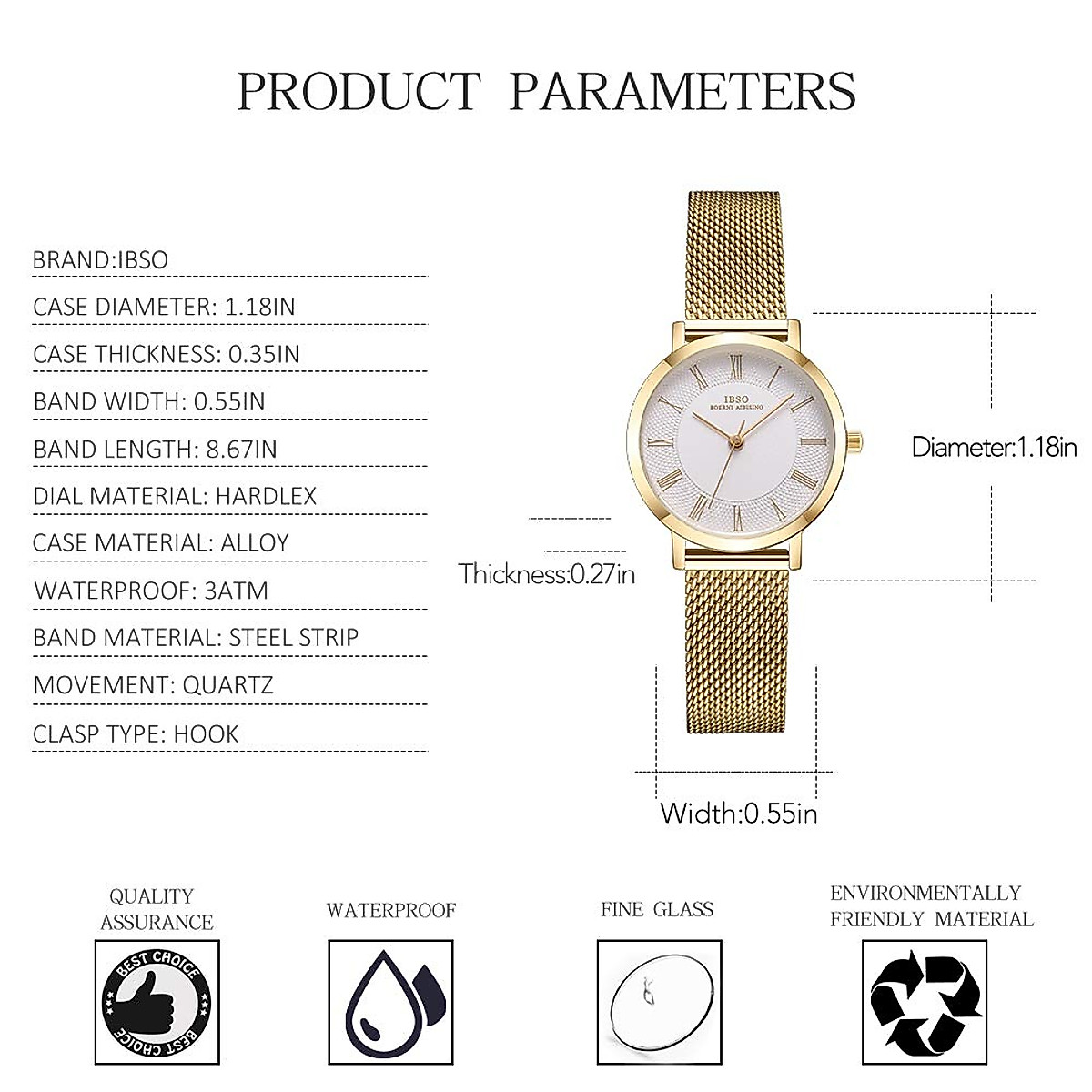 IBSO Women Stainless Steel Band Watches Ladies Quartz Wristwatches Waterproof Mesh Bracelet Watch Relogio Feminino (3636 Gold)