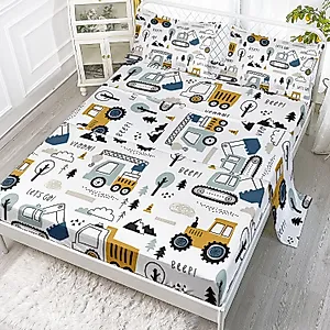 Datura home Woodland Construction Sheets Set 4Pcs for Kids,Cartoon Excavator Truck Lifter Print Sheet Set with 1 Flat Sheet and 1 Fitted Sheet + 2 Pillowcases(Woodland Construction Full)