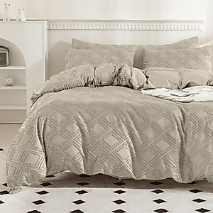 JELLYMONI Khaki Duvet Cover Twin Size - 3 PCS Microfiber Tufted Duvet Cover Set, Boho Textured Duvet Cover Jacquard Rhombus Geometric Pattern Duvet Cover with Corner Ties & Zipper Closure