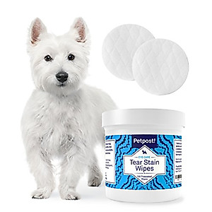 Petpost | Tear Stain Remover Wipes - 100 Presoaked Cotton Pads - Best Natural Eye Crust Treatment for White Fur - Maltese Angels Approved - Chemical and Bleach Free - 4 Oz.