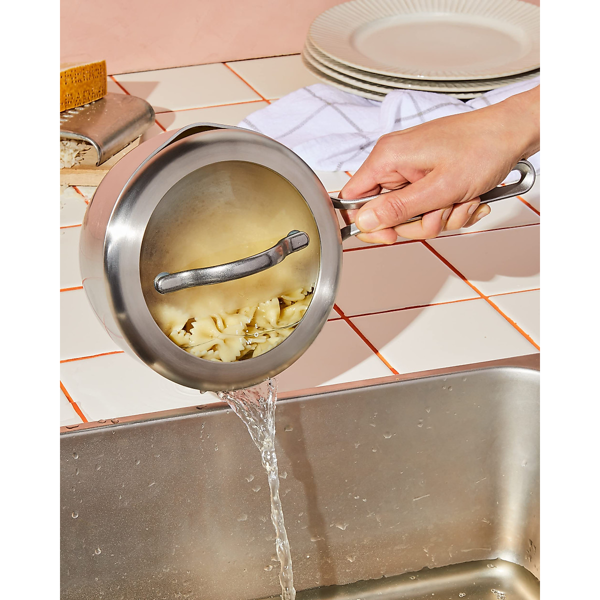 GreenPan X Food 52 Five-Two Essentials, Tri-Ply Stainless Steel 2.7QT Saucepan Pot with Strainer Lid, PFAS-Free, Multi Clad, Induction, Dishwasher Safe, Oven Safe, Silver