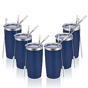 Futtumy 6 Pack Stainless Steel Travel Tumblers, 20 Oz Tumbler with 12 Lids, Insulated Coffee Tumblers, Double Wall Travel Tumblers, Thermal Cup, Powder Coated Coffee Cup for Hot Cold Drinks(Navy Blue)