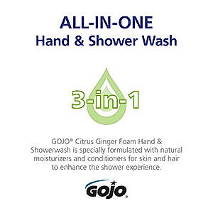 Gojo Foam Hand and Showerwash, Citrus and Ginger Fragrance, 1250 mL Foam Wash Refill ADX-12 Push-Style Soap Dispenser (Pack of 3) - 8813-03