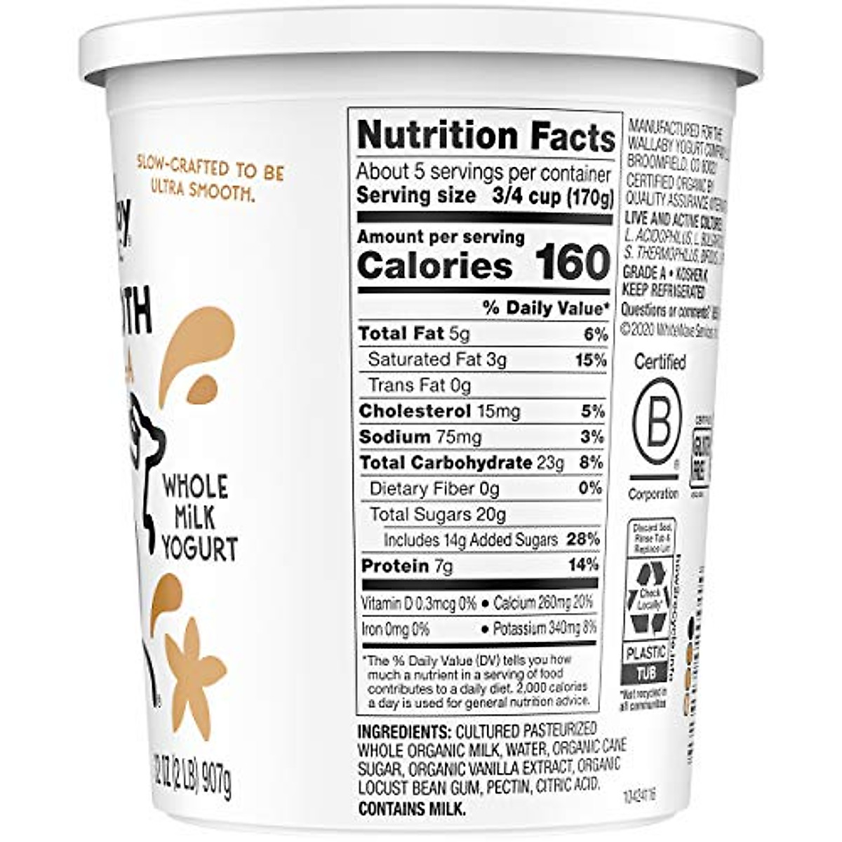 Wallaby Organic Aussie Smooth Whole Milk Regular Yogurt, Vanilla, USDA Organic, 32 oz.