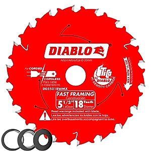 Diablo Fast Framing Saw Blade for Wood - Hi-Density Carbide - 5-1/2" Diameter, 18 ATB Teeth, 20mm Arbor, .049" Kerf, 18° Hook Angle, .039" Plate, 12000 Max RPM - D055018WMX