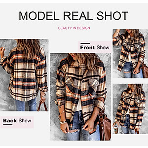 Dokotoo Women's Classic Plaid Button-Up Flannel Shirt - Long Sleeve, Soft, Loose, Office Jacket - Orange, L