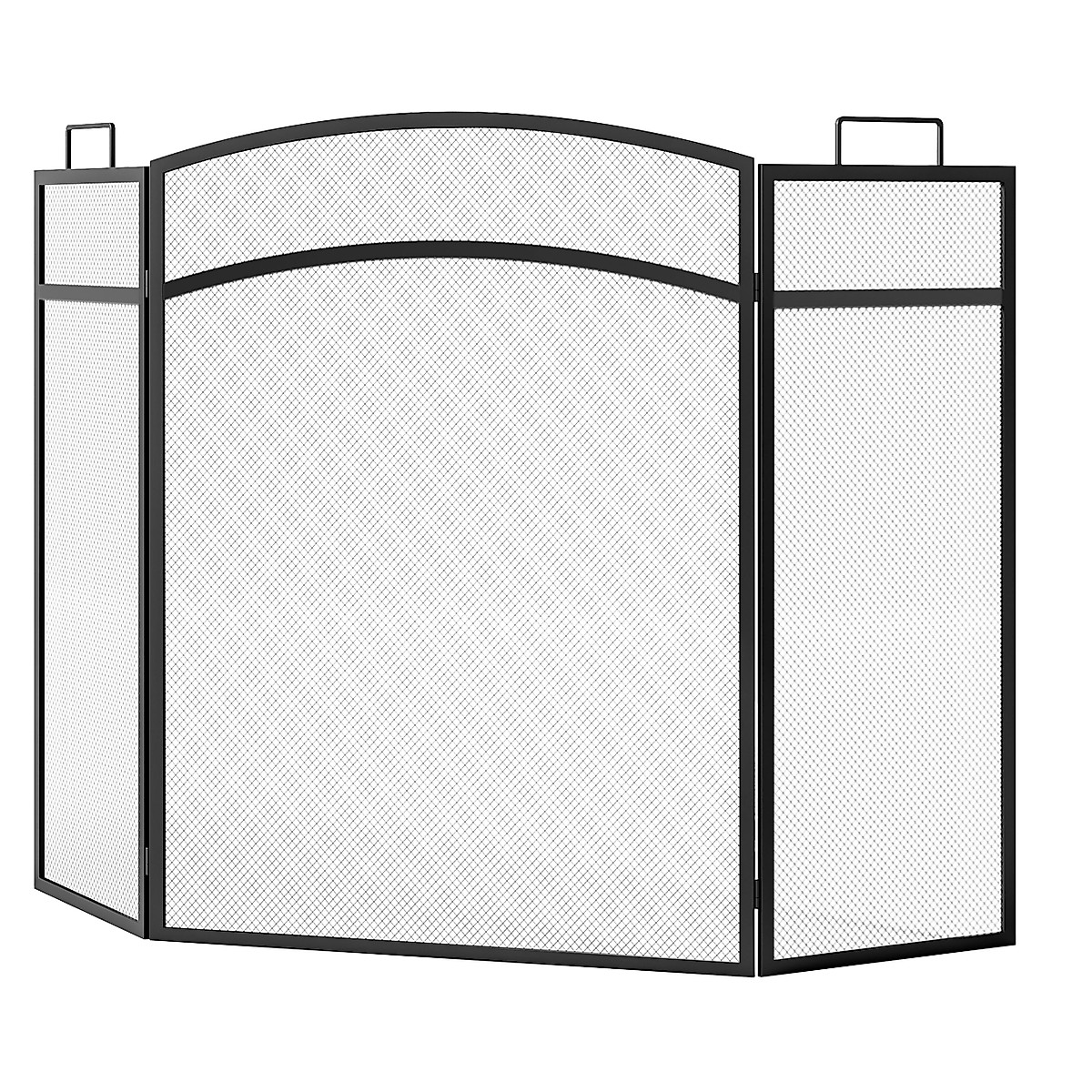 Calidola 3 Panel Fireplace Screen 48" W x 29" H Modern Foldable with Wrought Metal Decorative Mesh,Arch Heavy Duty Fire Spark Guard Cover for Home Decor Indoor, Black