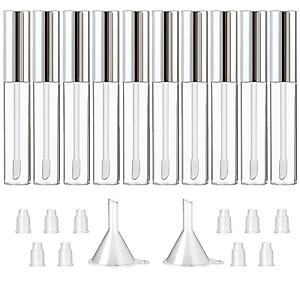 GTHER 10PCS 10ML Empty Lip Gloss Containers Tube with Wand, Refillable Lip Balm Bottles, Lipstick Sample Container and Funnel and Rubber Stoppers for Girls DIY Lip Samples, Silver Top