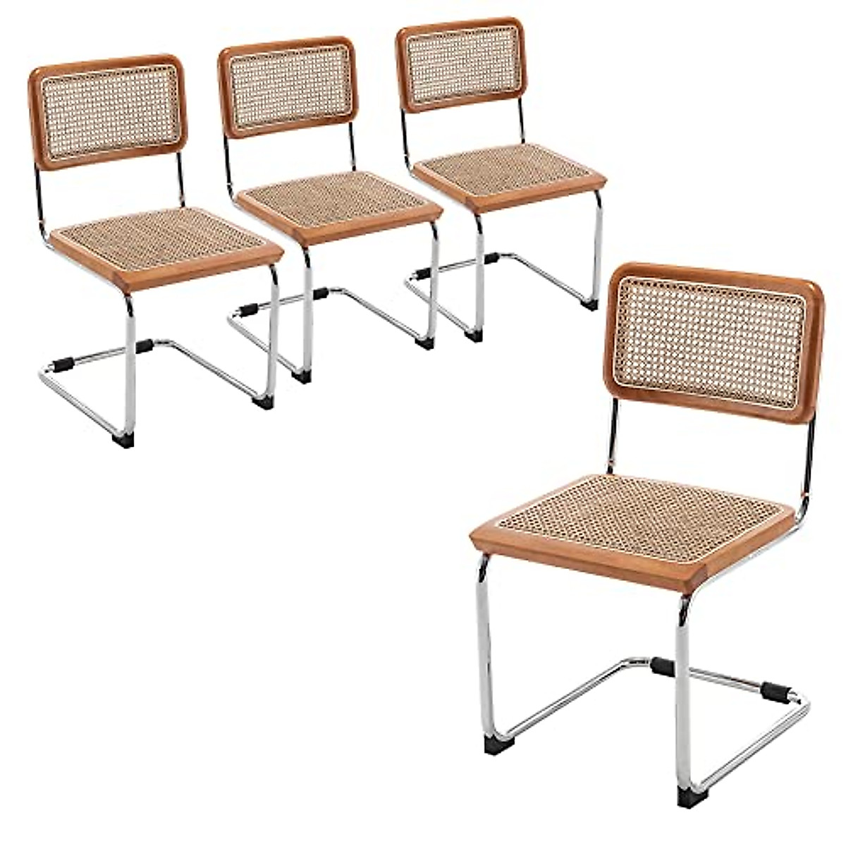 Alunaune Mid Century Modern Dining Chairs Set of 4, Upholstered Natural Rattan Kitchen Chairs Accent Chair, Armless Side Chairs with Metal Chrome Legs for Bedroom Living Room-Rattan Seat