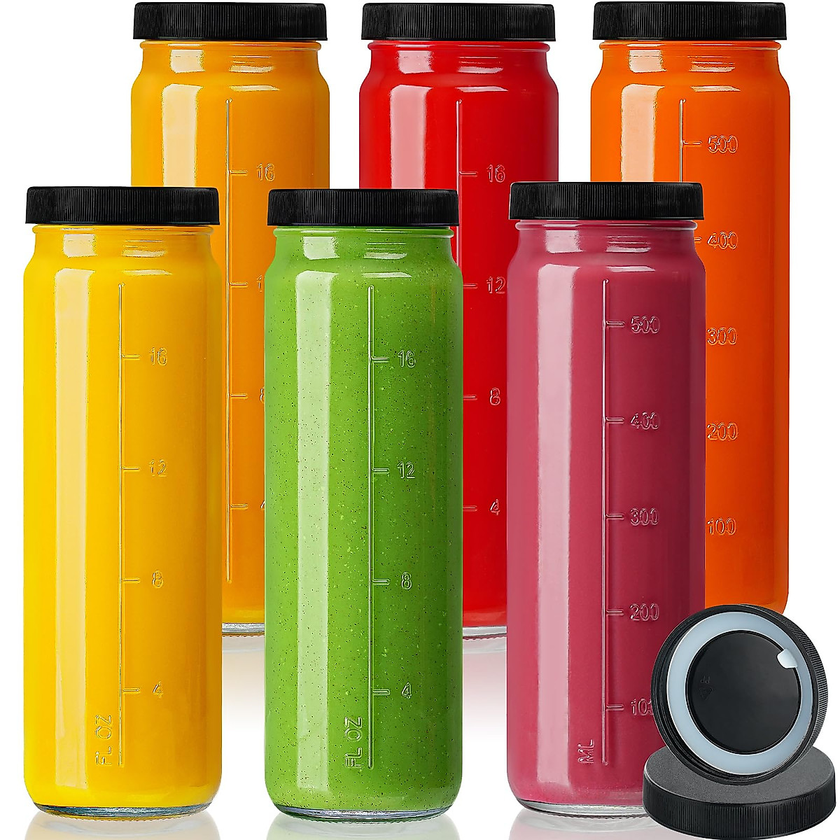 Huichuiero [6 Pack] 20 Oz Glass Juicing Bottles w Airtight Lids - Reusable Drinking Jars w Scale Marker, Travel Water Cups - Tall Mason Jar for Kombucha, Vanilla Extract(Extra 2 Lids)