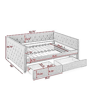 Flieks Full Size Upholstered Daybed with 2 Storage Drawers, Nailhead Trim, Button Tufted Design, Modern Sofa Bed for Living Room, Bedroom, Apartment, Grey