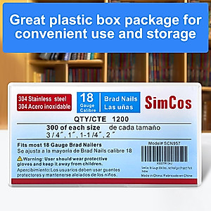 SimCos 18 Gauge 304 Stainless Steel Brad Nails (2",1-1/4" 1", 3/4"), Assorted 1200 Counts for 18 GA Pneumatic or Electric Brad Nailer or Brad Nail gun,Project Pack