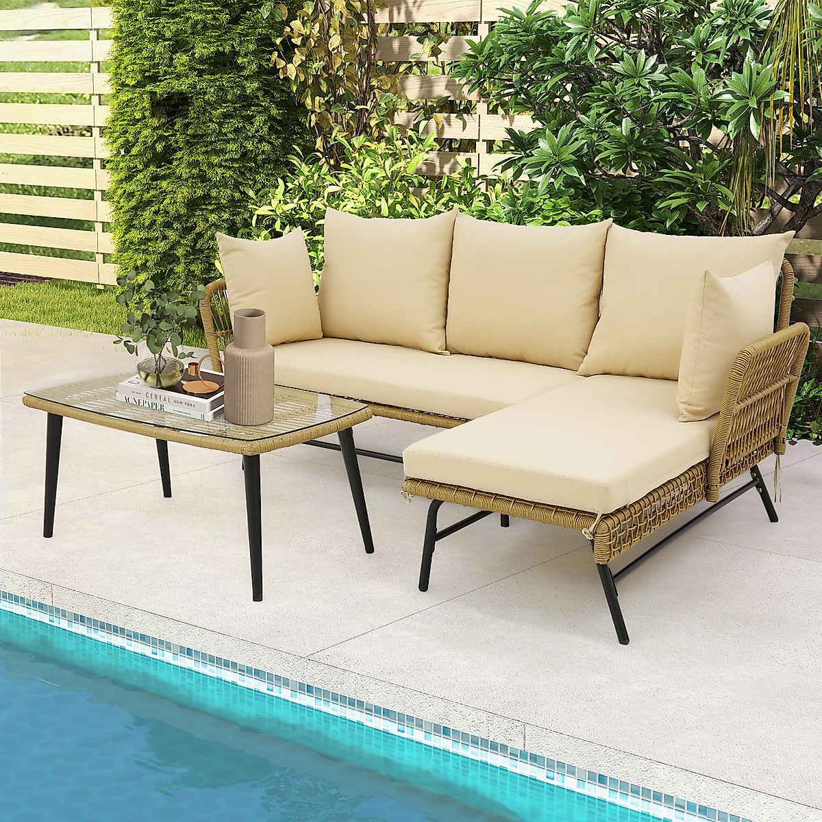 Tangkula Outdoor Wicker Furniture Set, 3-Piece L-Shaped Patio Sofa with Cushions & Tempered Glass Table, Heavy-Duty Metal Frame Perfect for Backyard, Decks, Gardens (Beige)
