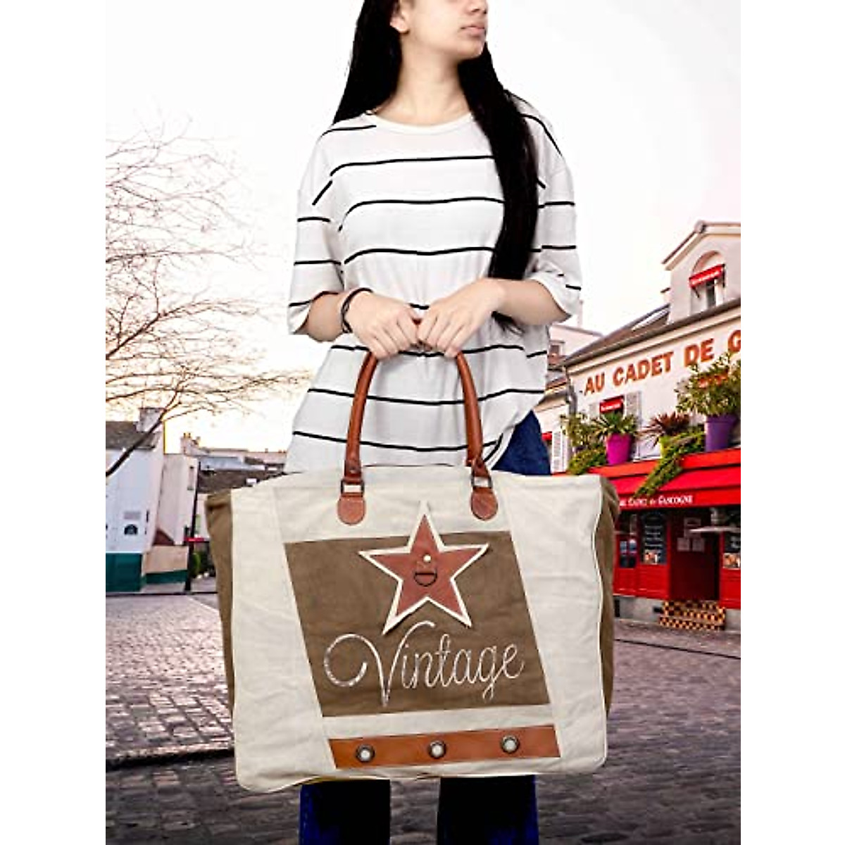 CLA 20 Inch Upcycle Canvas Vintage & Cowhide Leather Handbag, Canvas Hobo Bag, Canvas Tote Bag for Women's