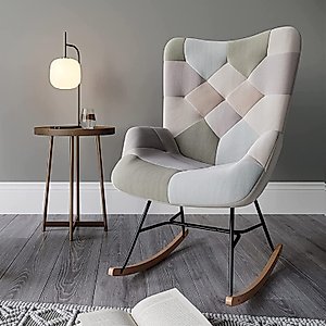 BELLEZE Colorful Patchwork Rocking Chair, Widen Nursery Rocking Chairs Comfy Linen Upholstered Glider Rocker with Solid Wood Legs for Living Room Bedroom Nursery - Paramount (Patchwork A)