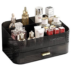 CESTATIVO Makeup Organizer with Stackable Drawer, Skincare Cosmetics Organizer, Bathroom Vanity Organizer and Storage, Large Capacity Organizer for Dresser Countertop, Clear Black