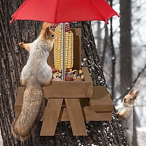 MIXXIDEA Wooden Squirrel Picnic Table Feeder, Durable Squirrel Feeders for Outside with Solid Structure Chipmunk Feeder with Corn Cob Holder and 2 X Thick Benches - Brown