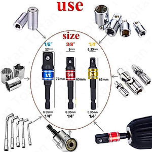Impact Grade Power Hand Tools Driver Sockets Adapter Extension Set, 3Pcs 1/4 3/8 1/2" Hex Shank Drill Nut Driver Bit Set + 105 Degree Right Angle Driver Extension Screwdriver Drill Attachment