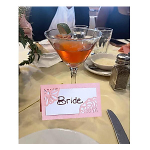 Laser Cut Rose Place Cards Pink Tented Name Card Folded Cards Blank Cardstock,Hollow Name Seat Card for Wedding, Banquet tables,Table Setting, Buffet, Baby Shower, Bridal Shower (50 Pcs)
