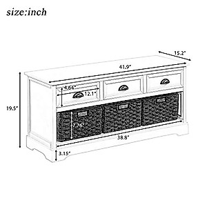 Knocbel Entry Wicker Storage Bench Wood Entryway Hallway Bedroom Bench Cabinet with 3 Drawers and 3 Woven Baskets, Fully Assembled, 19.5" H x 41.9" L x 15.2" W (White)