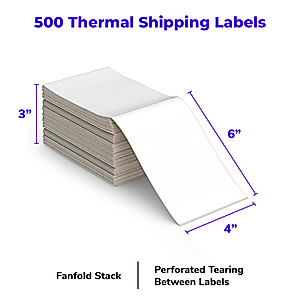 Rollo Direct Thermal Shipping Labels - Pack of 500 4x6 Thermal Labels Fanfold - Perforated and Strong Adhesive (Commercial Grade)