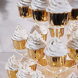 OLACHIKKO Cupcake Stand, Elegant Cupcake Holder with Brighter Yellow LED String Light, Clear 4-Tier Square Acrylic Cupcake Tower for Wedding, Birthday, Baby Shower, Party