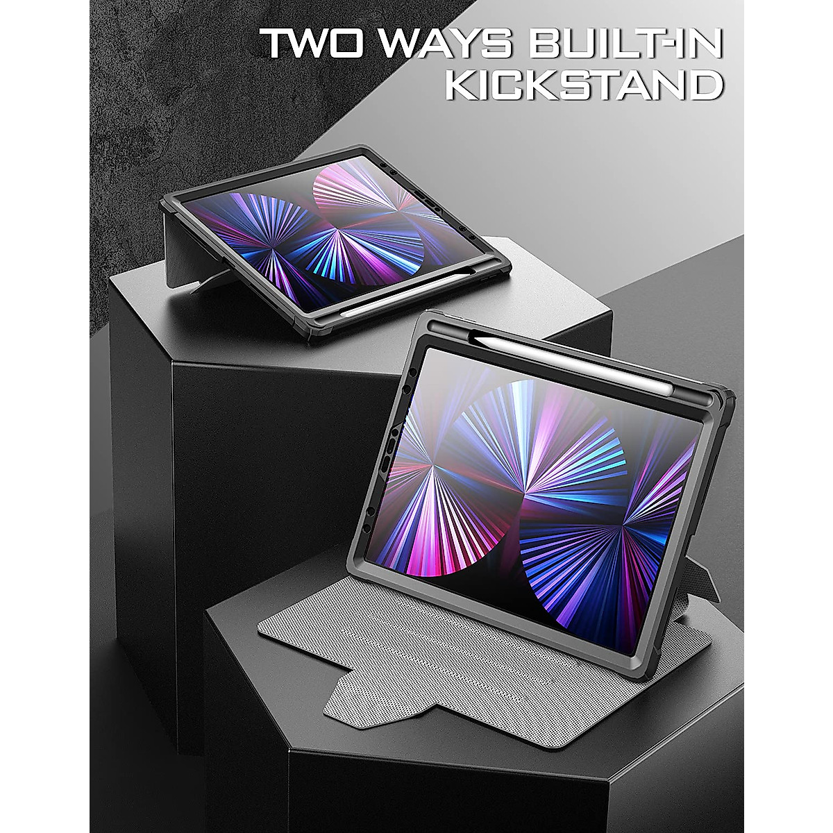 Poetic Explorer Case Designed for iPad Pro 11 Inch 4th Gen 2022/3rd Gen 2021/2nd Gen 2020/1st Gen 2018, Three Layers Tough Stand Cover Case with Built-in Screen Protector and Pencil Holder, Black