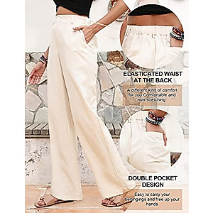 HEEKPEK Linen Pants for Women High Waisted Trousers Straight Wide Leg Flowy Pant Casual Button Up Summer Beach Pants Beige