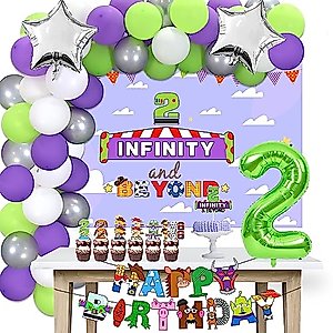 Crenics Two Infinity and Beyond Birthday Decorations - Two Infinity and Beyond Backdrop, Happy Birthday Banner, Balloon Garland Arch, 2 Number Balloon with Cake Toppers for 2nd Birthday Party Supplies