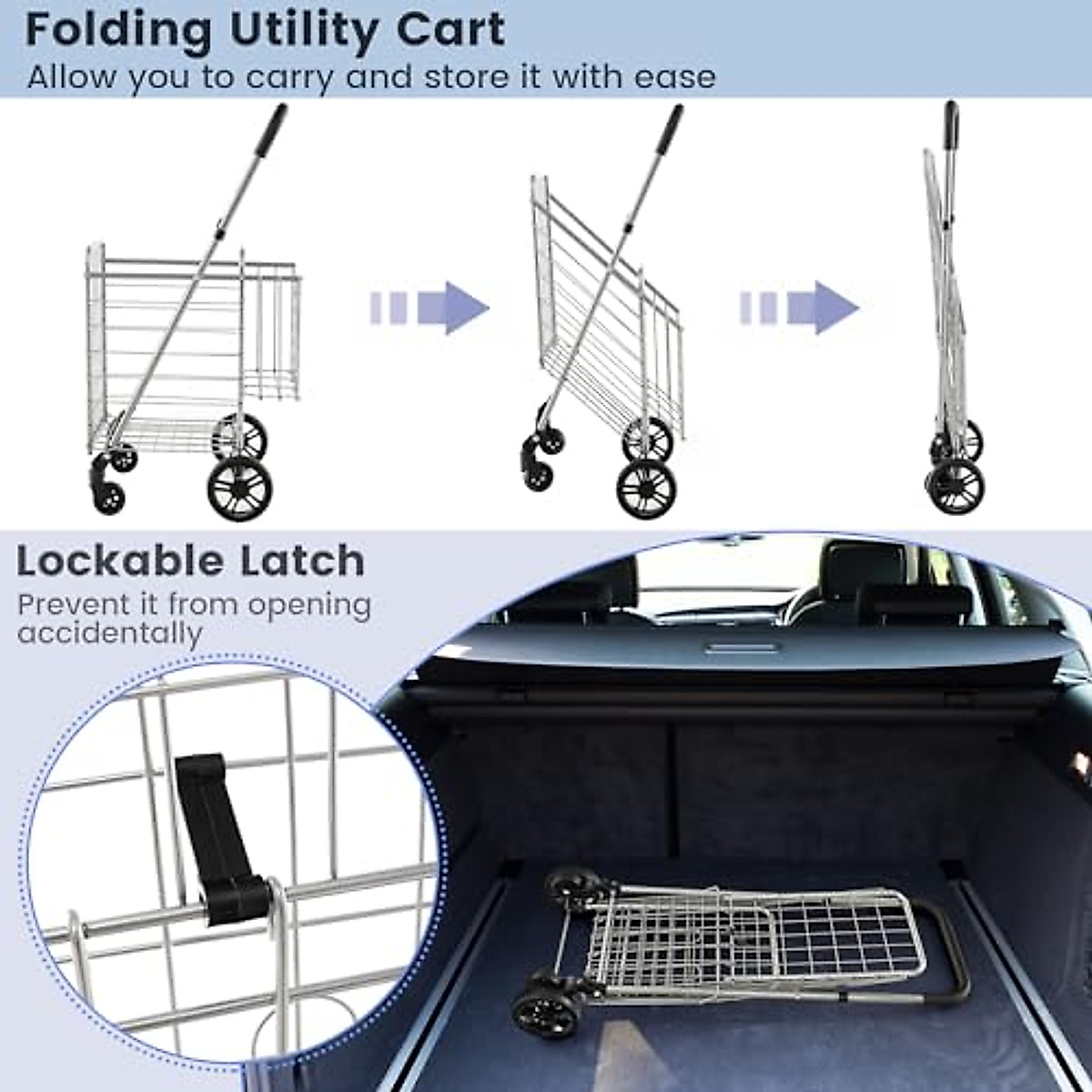 Goplus Folding Shopping Utility Cart, Double Basket and 360° Swivel Wheels, Adjustable Handle, Small Cart Perfect for Grocery Laundry Book Luggage Travel