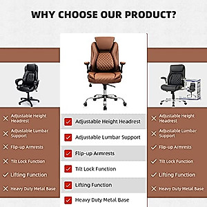 YAMASORO Ergonomic Desk Chair Executive Office Chairs Comfortable with Flip-up Armrests - Adjustable Headrest, Tilt and Lumbar Support -PU Leather Computer Chair, Red-Brown