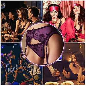 Lace Garter Belt Suspender Straps Sexy Sheer Mesh High Waisted Lingerie Panty Thong 4 Metal Clips for Thigh Hold up Tights (Purple)