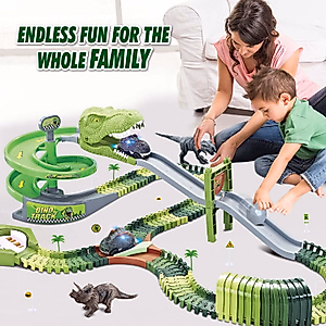 WESPREX Dinosaur Toys Flexible Race Track Toy Set 166 PCS with 2 Dinosaur Cars, Rotary Tower, Slide, Tunnel, U-Turn Station, 2 Dinosaur Figures, Toy Vehicle Playset, Gift for Kids Boys Girls Ages 3+