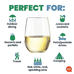 TaZa Unbreakable Stemless Wine Glasses: Elegant Shatterproof Tritan Plastic Outdoor Cups with Weighted Base | Dishwasher-Safe | Smooth Rims | 16 Ounce | Set of 4