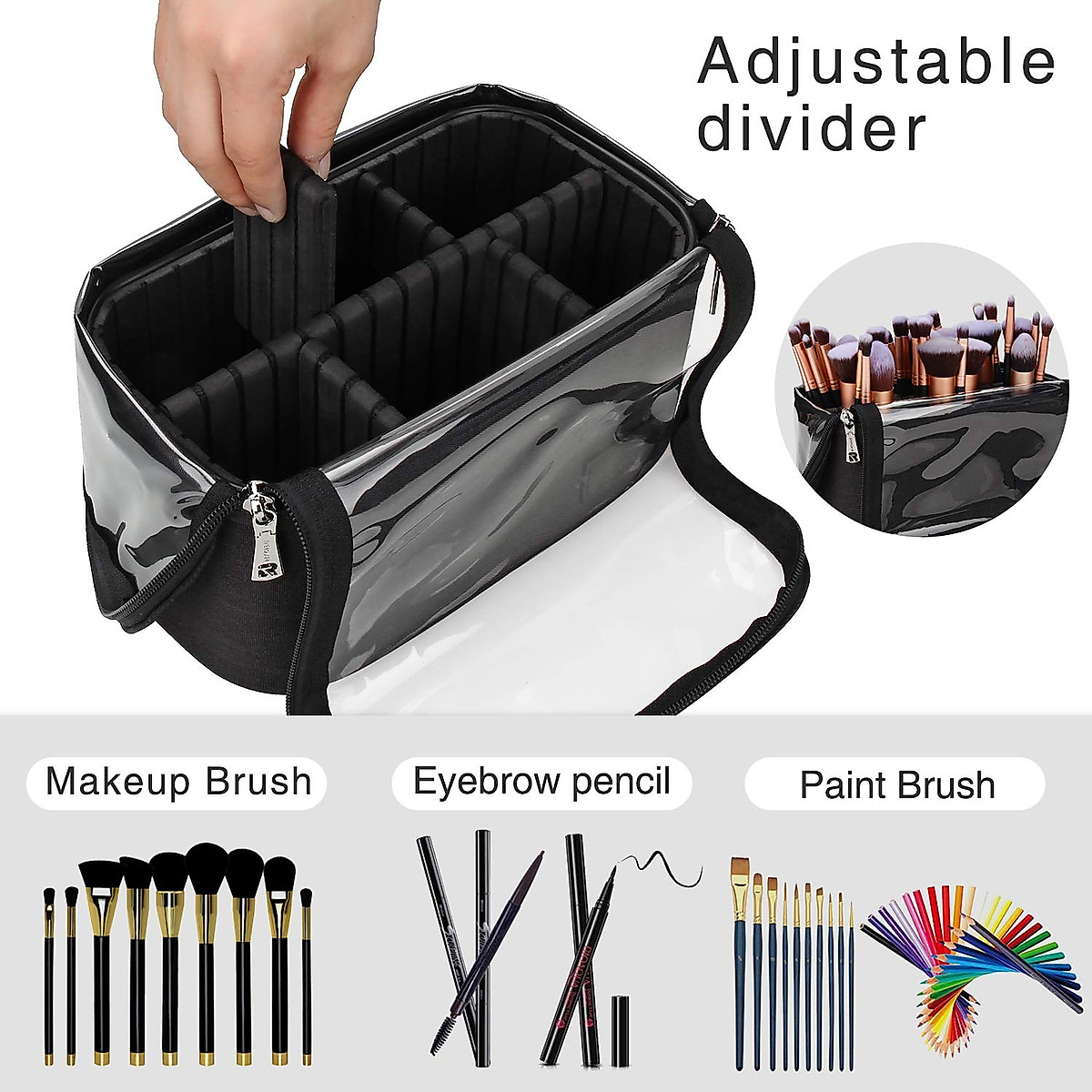 Makeup Brush Case Stand-up Makeup Cup Makeup Brush Holder Travel Professional Cosmetic Bag Artist Storage Bag with Shoulder Strap and Adjustable Divider (Large, Black)