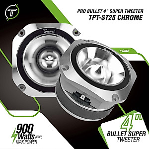 Timpano Super Tweeter 4 Inch TPT-ST25 Chrome, 8 Ohm, 900 Watts Max, 107 dB, 1.5 in Voice Coil, HIgh Sensitivity, Slim Profile Bullet Tweeters Speakers for Pro Audio (Pair)
