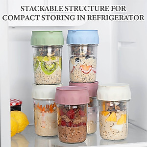 SOLIGT 4 Pack Overnight Oats Containers with Lids, Folding Spoons and Divided Compartments for Fruit & Nuts, Small Glass 16oz Mason Jars for Oatmeal (4 Set-Oat White/Green/Rose/Blue)