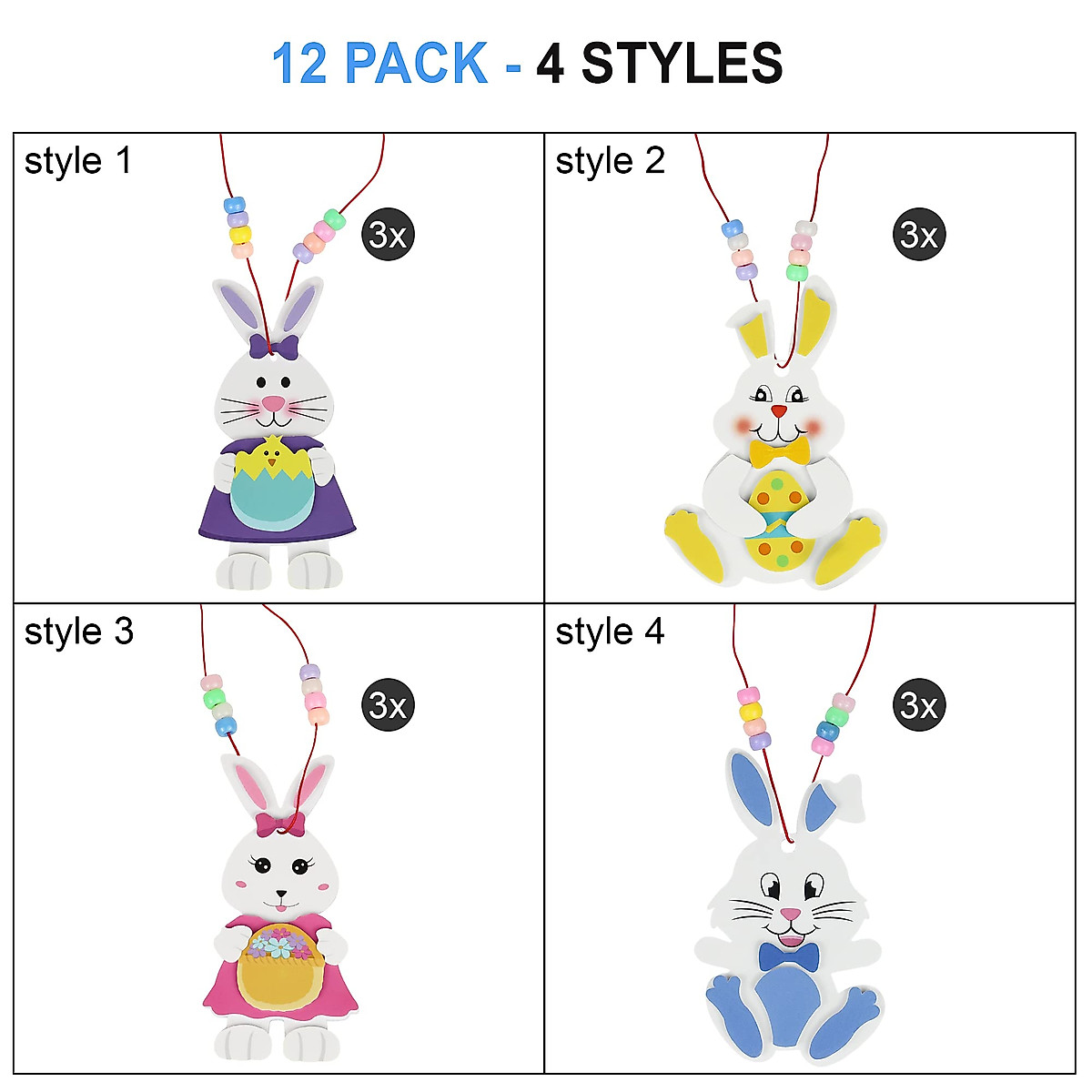 Easter Crafts for Kids 12 Pack Easter Eggs Bunny Necklaces Easter Gifts for Kids Ages 4-8 8-12, DIY Easter Rabbits Foam Hanging Ornaments Necklaces Easter Party Favors Classroom School Activity