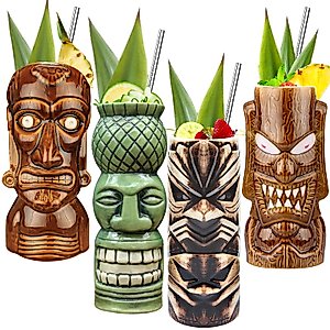 Tiki Glasses for Cocktails Tiki Mugs Set of 4 Ceramic Tiki Party Cups Bar Decor Creative Tiki Mug Set Large Hawaiian Tiki Drinking Decorations Vintage Tropical Drinkware Barware 4 Packs