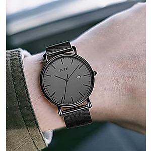 BUREI Men's Fashion Minimalist Wrist Watch All Black Waterproof Watches Simple Ultra Thin Watches Analog Quartz Date with Stainless Steel Mesh Band