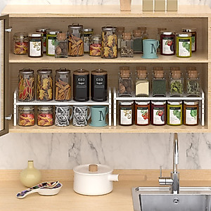 MIYUPTC Expandable Counter Organizer Shelf (16.5'' to 27.2''), Countertop Organizer Kitchen Bathroom Pantry Cupboard Home Office for Cups, Dishes, Plates -White