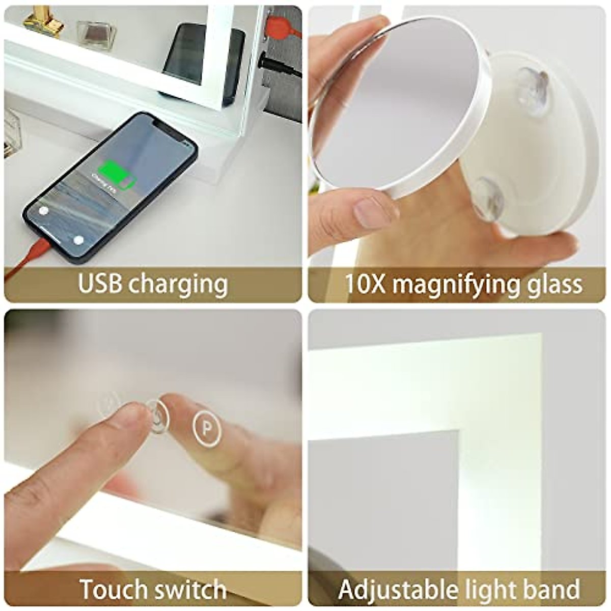 Sucedey Vanity Mirror with Lights, 23" x 18" Makeup Mirror, Hollywood Mirror with 3 Color Modes & Adjustable Brightness, Detachable 10x Magnification and USB Charging Design (White)