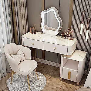 Vanity Desk with Mirror and Lights, Vanity Table Makeup Vanity Set with Partitioned Drawer, Chair,Cabinets, Mirror with 3-Color Lighted, Modern White Dressing Table for Women Girls for Bedroom