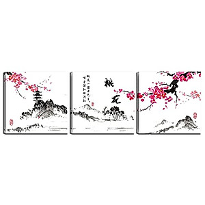 NAN Wind Small Size Traditional Chinese Painting of Peach Blossom Canvas Prints 3 Panels Calligraphy Art Paintings Wall Art Poem Print Painting Framed 12x12inches 3pcs/set