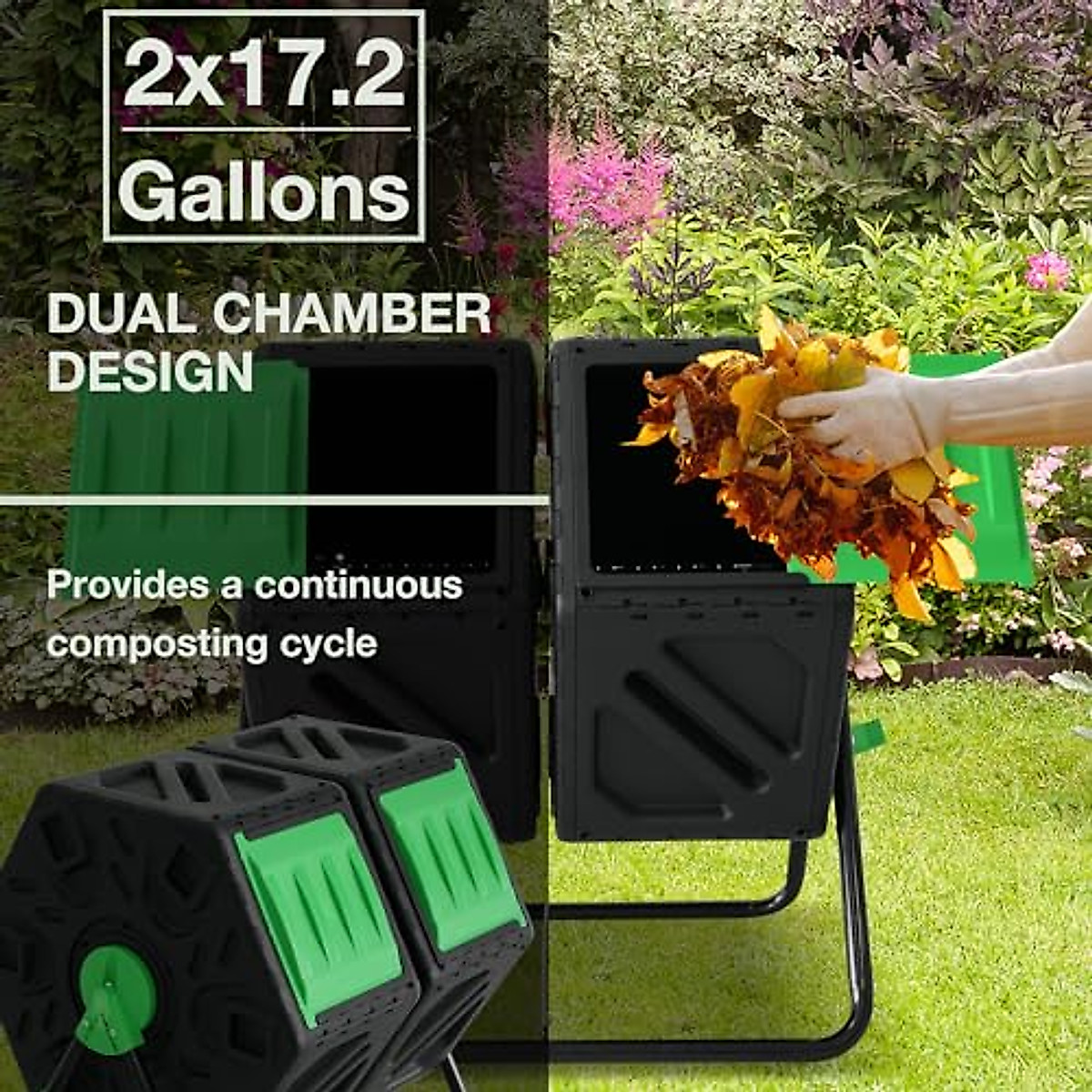 LUCKYERMORE Dual Chamber Tumbling Composter, 2-17.2 Gallon Outdoor Rotating Compost Tumbler Bin with 2 Sliding Doors and Lockable Brake for Garden Yard