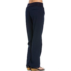 Poplooks Women's Comfy Fold Over Linen Pants (Medium, Navy)